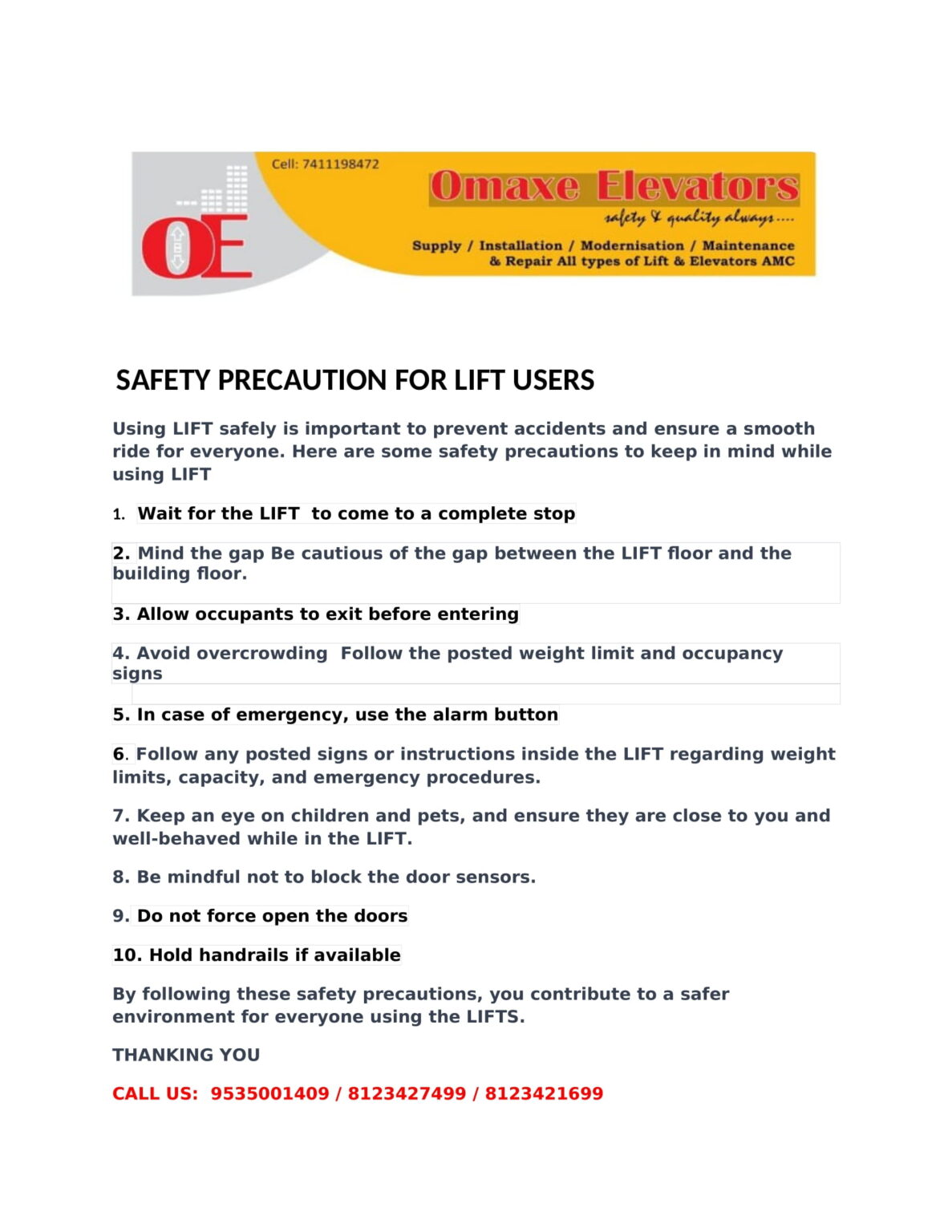 SAFETY PRECAUTION TO USE LIFT – Omaxe Elevators